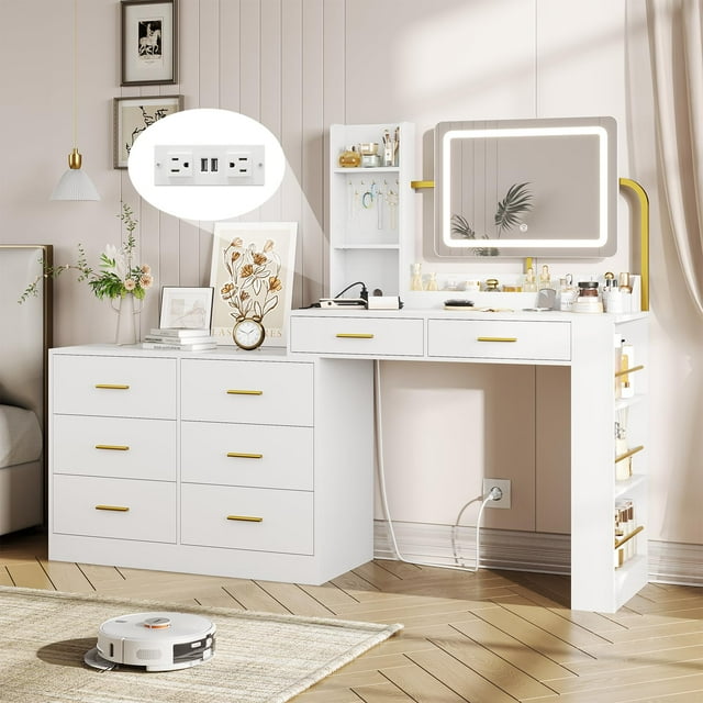 White Vanity Table with Built-in Charging Station, Clear Mirror, 8 ...