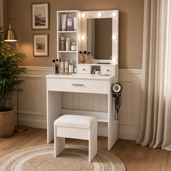 Vanity Table with LED Mirror and Stool, Power Outlet and Hairdryer ...