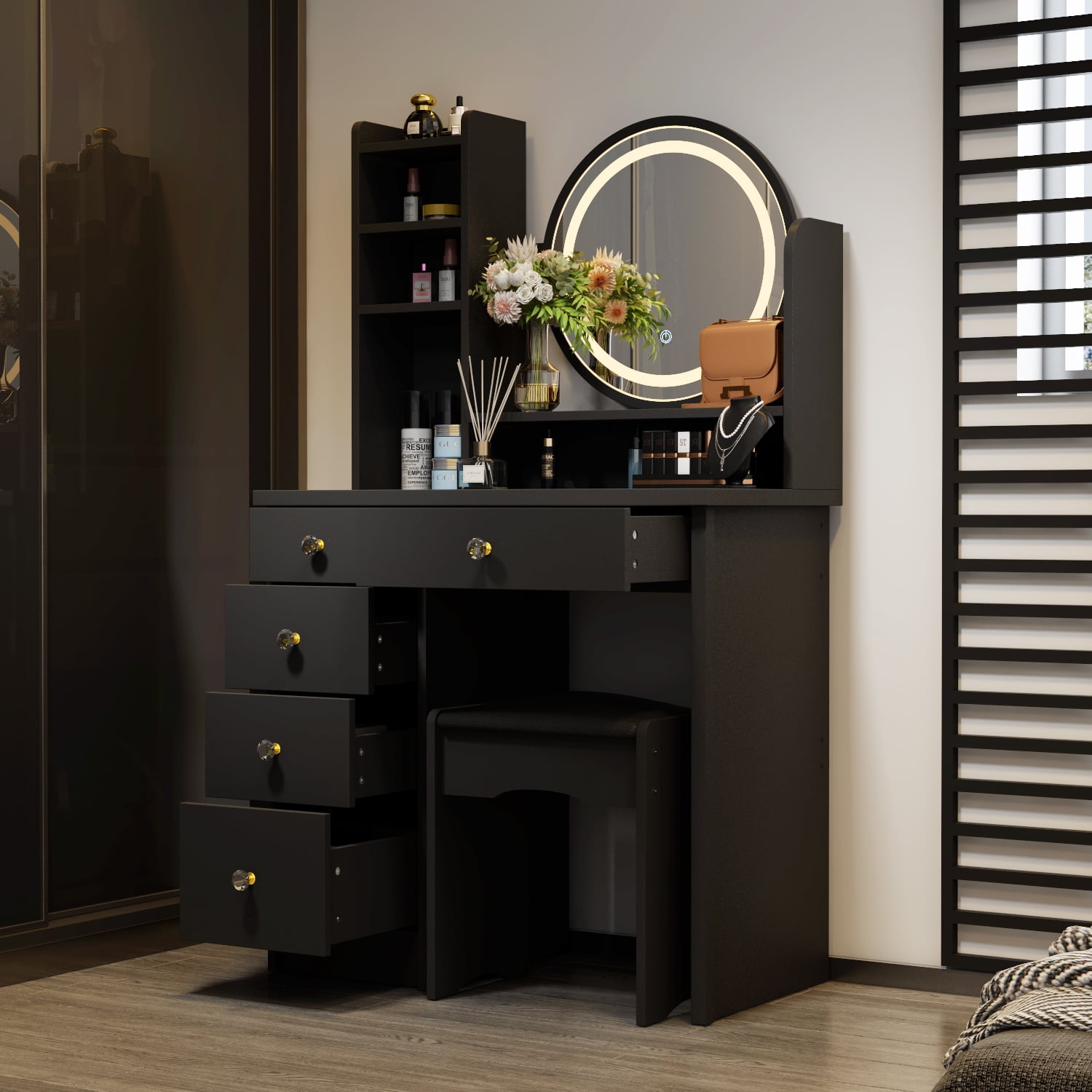 Black Vanity Table with Lighted Round Mirror, Makeup Dressing Desk with ...