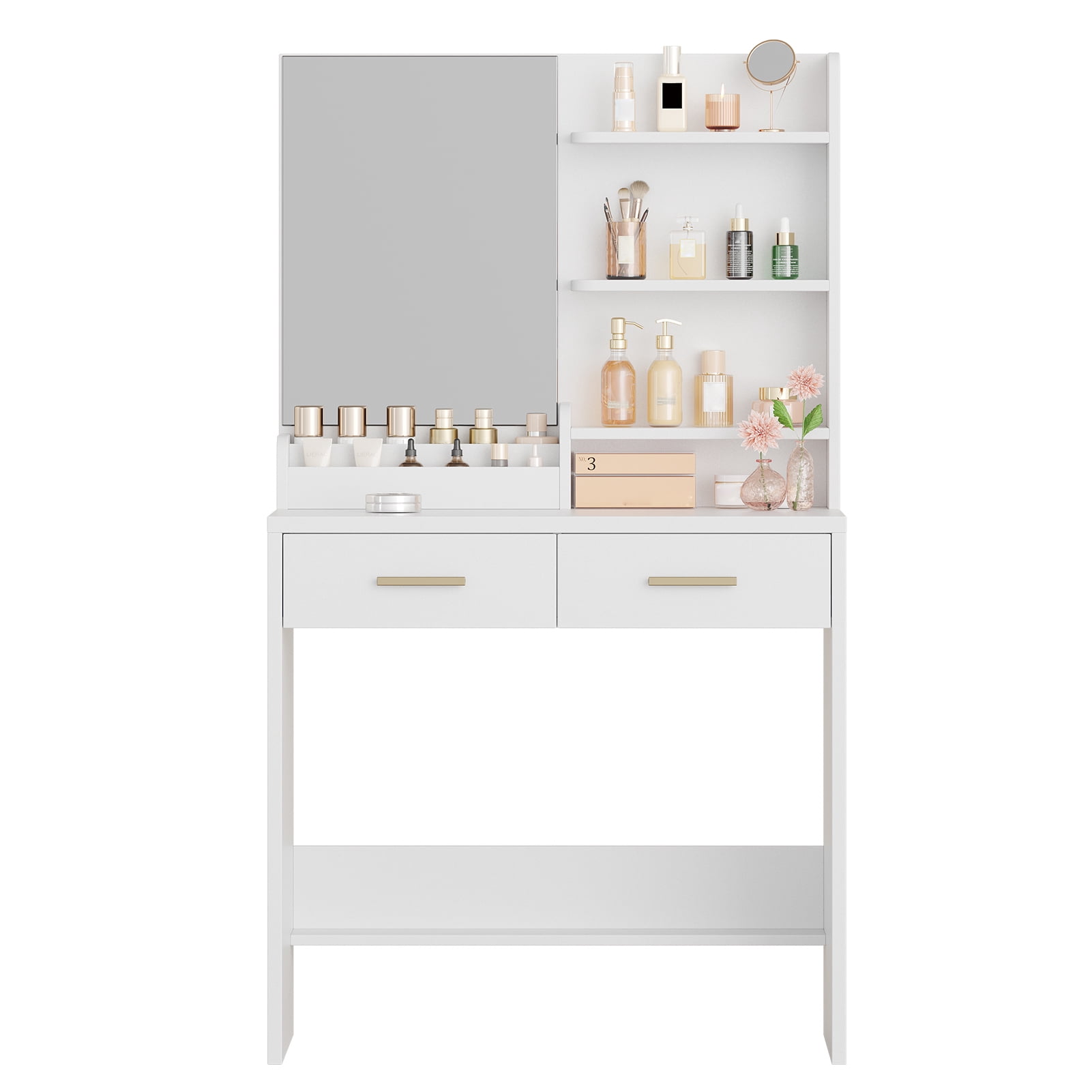 Vanity Table with Mirror 2 Drawers 3 Open Shelves Elegant White Makeup ...