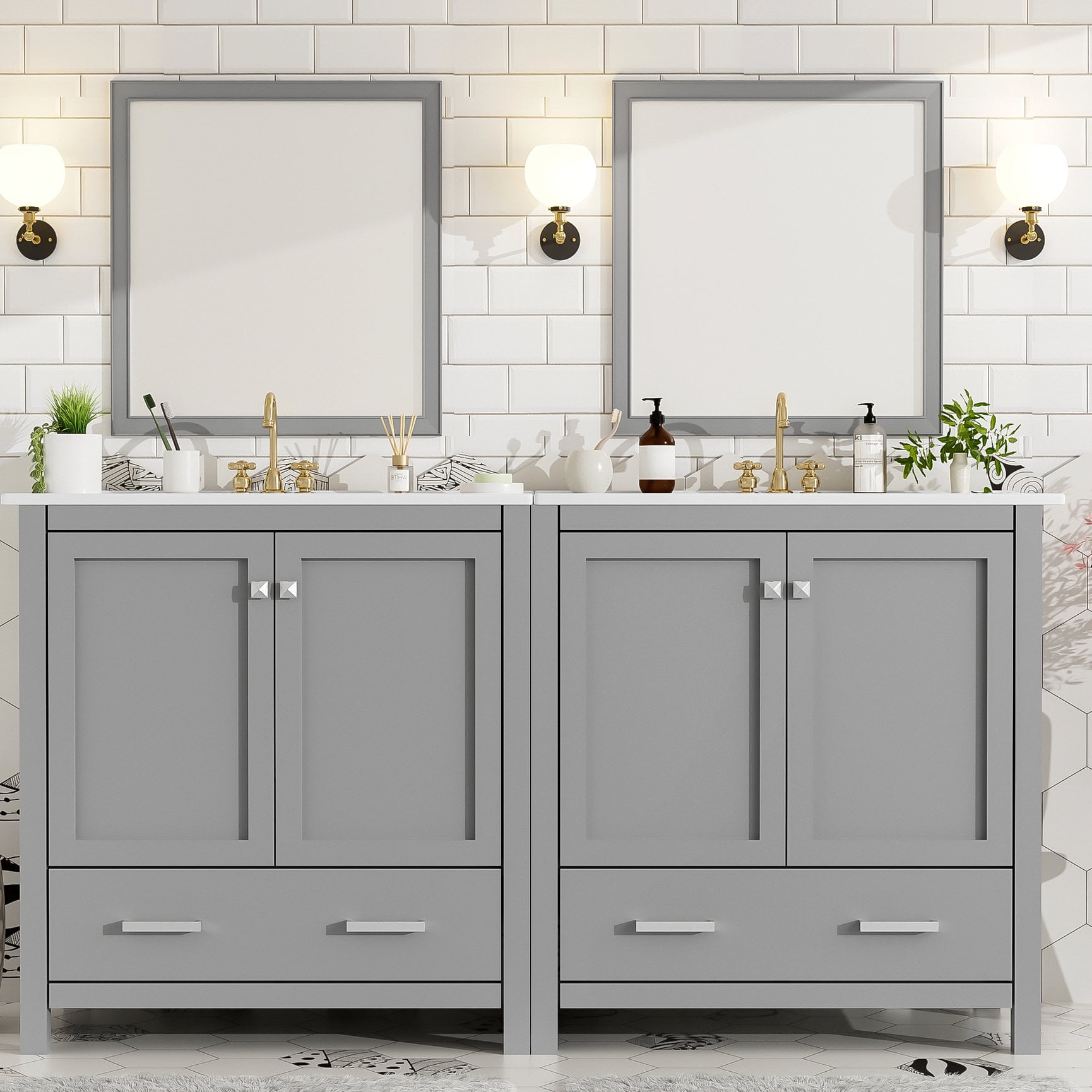 Vanity Unit / Double Vanities, Grey Finish, Partitioned Storage ...