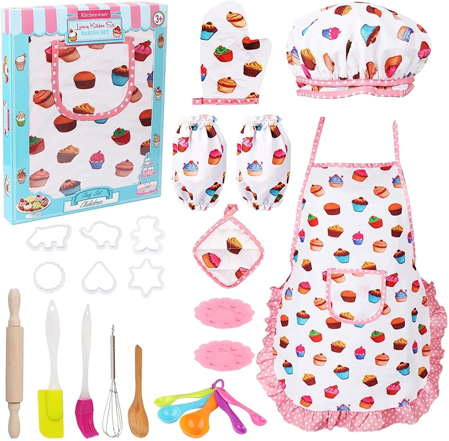 Vanmor Kids Baking Outfit, 24 Pcs Utensils Set with Aprons, Chef Hat ...