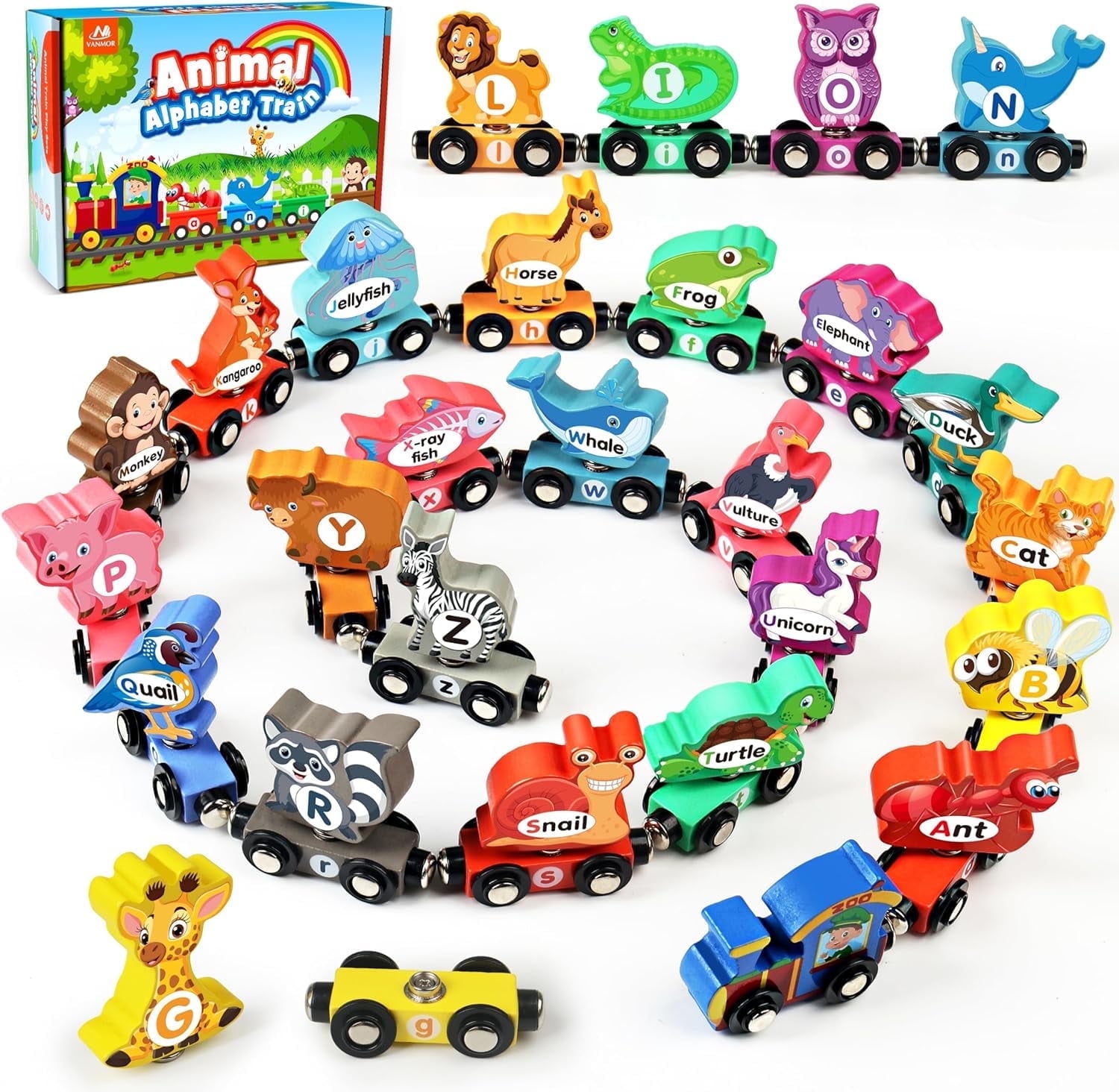 Vanmor Wooden Train Set for Toddlers, Alphabet and Animal Magnetic ...