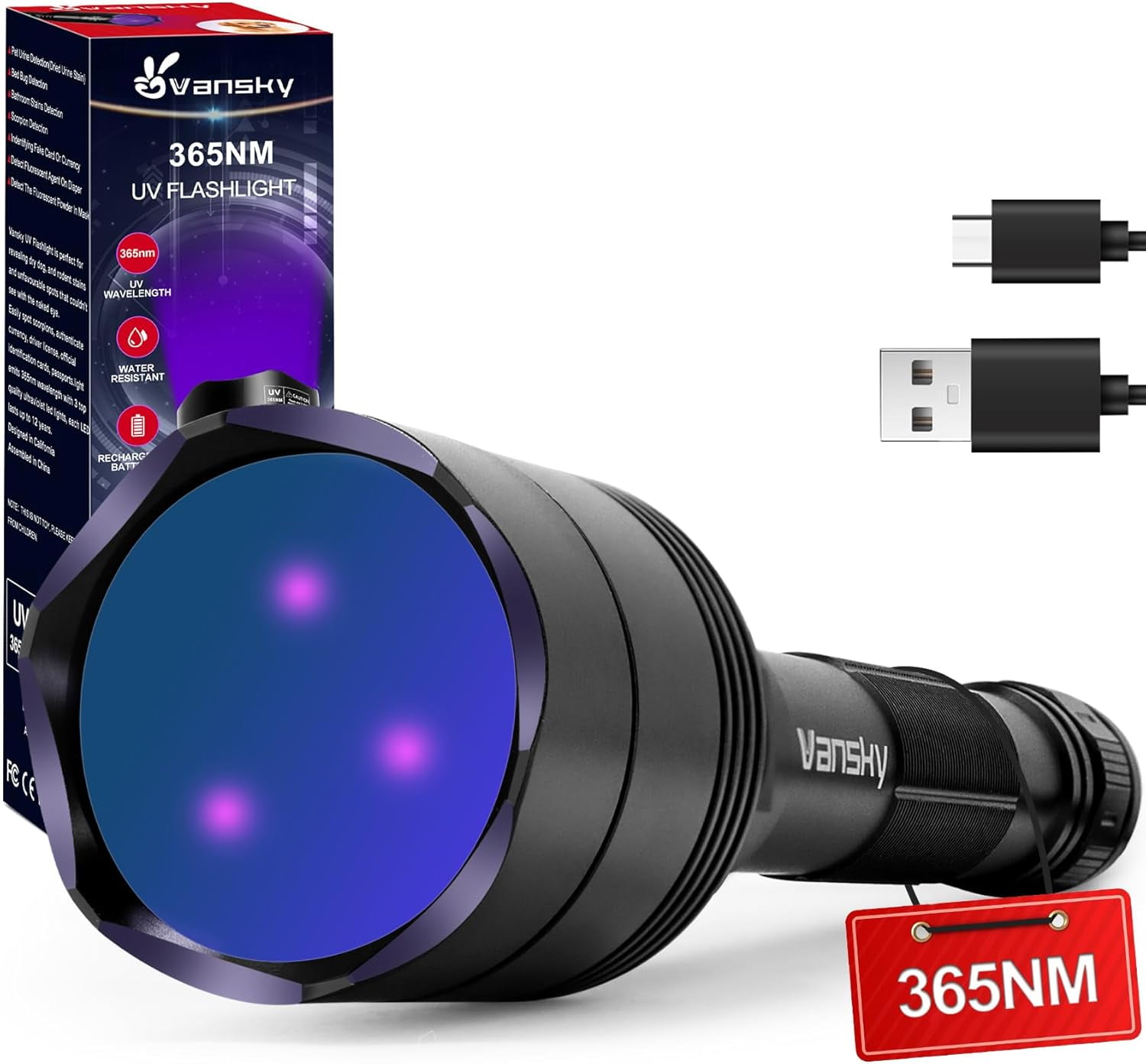 Vansky 365nm Black Light Flashlight: Rechargeable Blacklight UV Flashlights with 3 LED - Pet ...