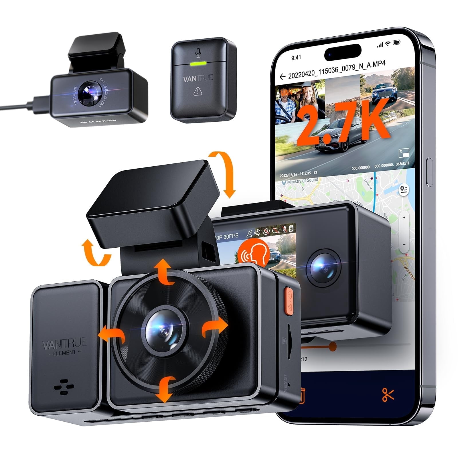 Vantrue 3 Channel 2.7K WiFi Dash Cam with Wide Viewing Angle, GPS ...