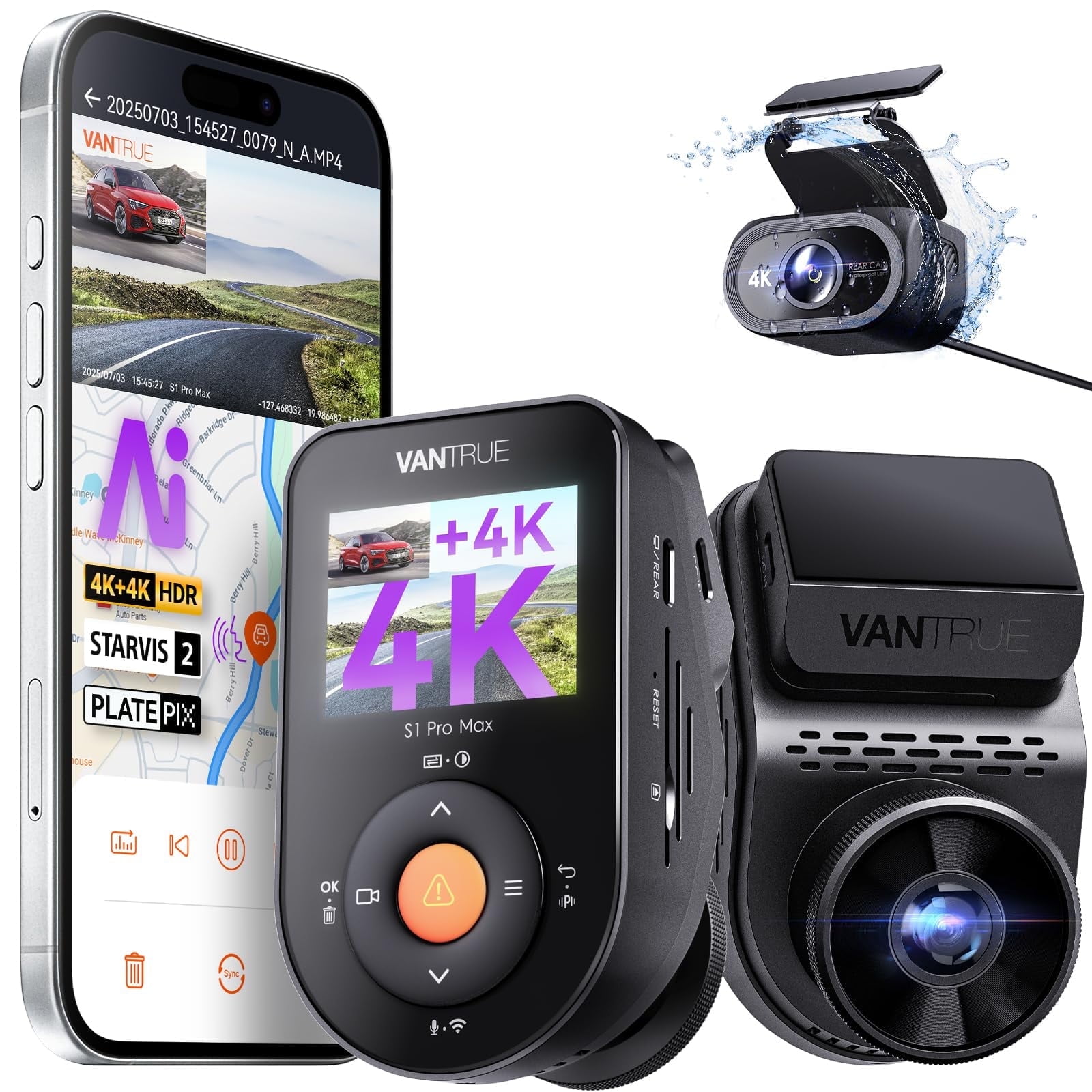 Vantrue S1 Pro Max AI Dash Cam 4K+4K w/ADAS & BSD,Dual STARVIS 2 Dash ...