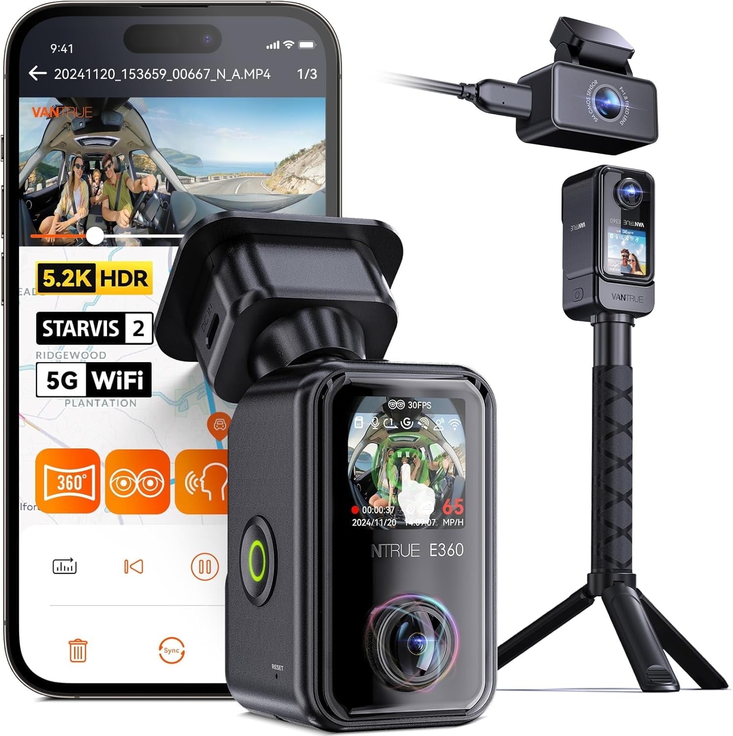 Vantrue E360 ACE 5.2K 360° Panoramic WiFi Dash Cam, Handheld Action ...