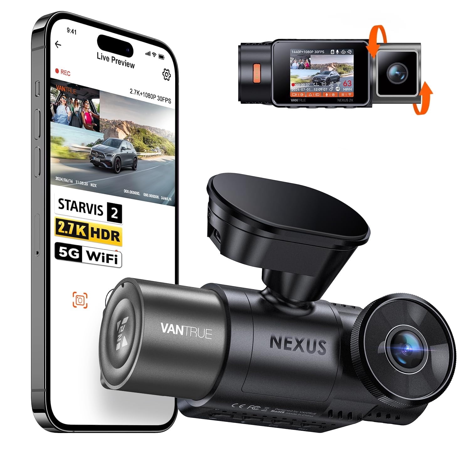 Vantrue Nexus 2X 2.7K Uber Dash Cam Front and Inside, 5G WiFi Dual Dash ...