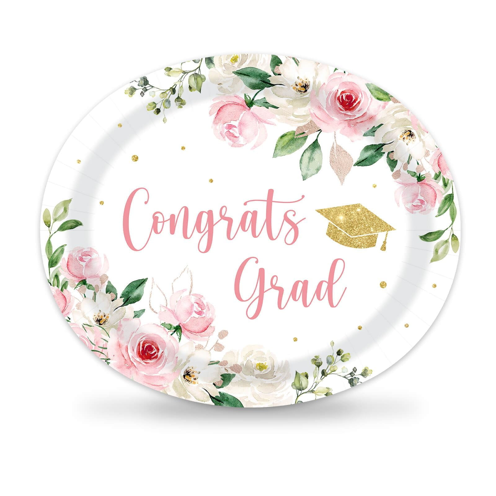 Vanulus 50Pcs Graduation Oval RRF12 Paper Plates Pink Floral Congrats ...