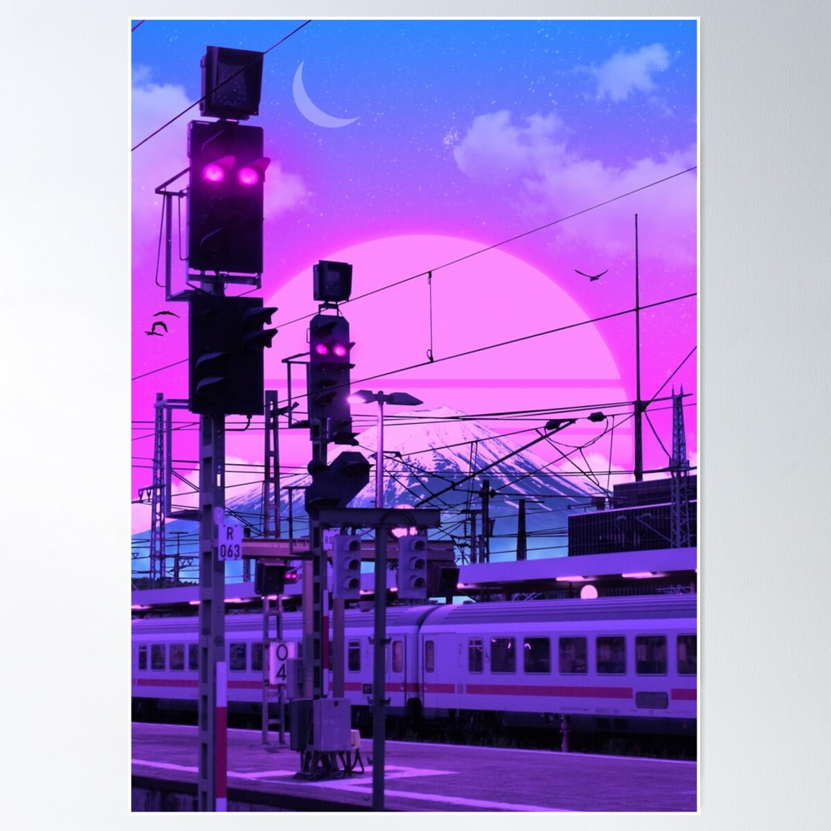 Vaporwave Fuji Train Poster Wall Art, Modern Wall Decor For Living Room ...