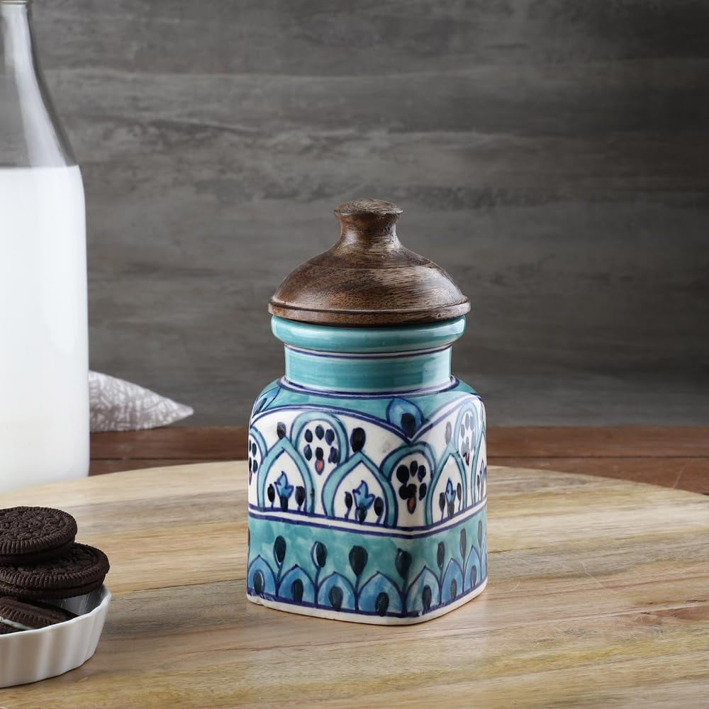 VarEesha Handmade Hand Painted Sea Green Small Airtight Ceramic Jar with Wooden Lid Airtight ...