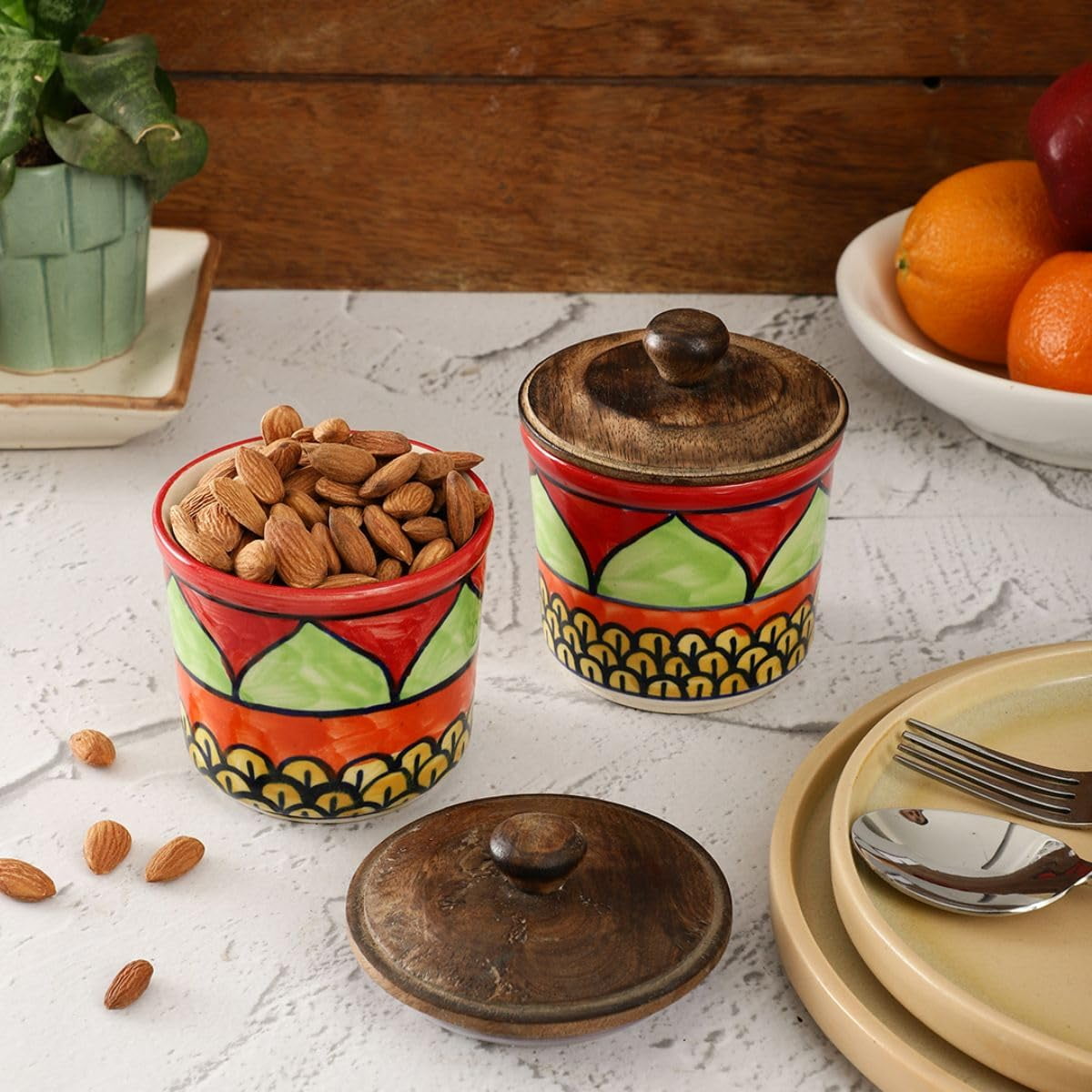 VarEesha Handmade Red Green Archway Ceramic Jars with Wooden Lids Airtight Kitchen Containers ...