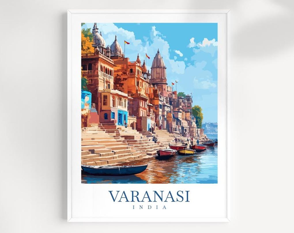 Varanasi India Travel Print Wall Art – Illustrated Ganges River Scene ...