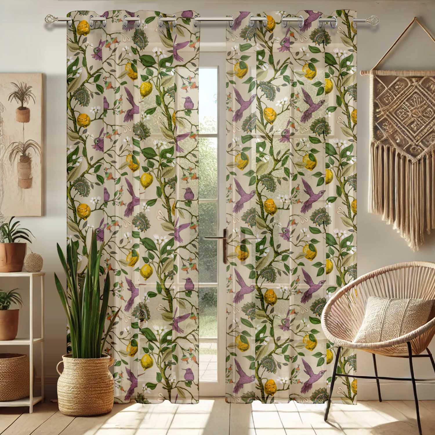 Vargottam Bird Print Sheer Curtains for Short Windows Set of 2 Panels ...