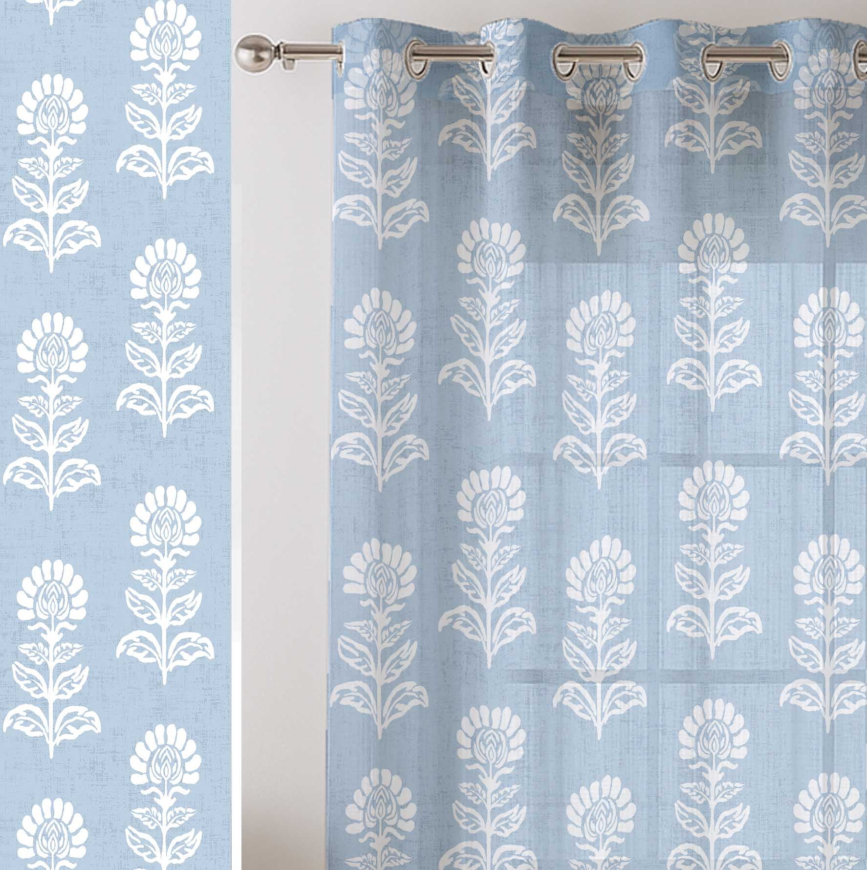 Vargottam Block Floral Pattern Sheer Curtains for Short Windows - Set ...