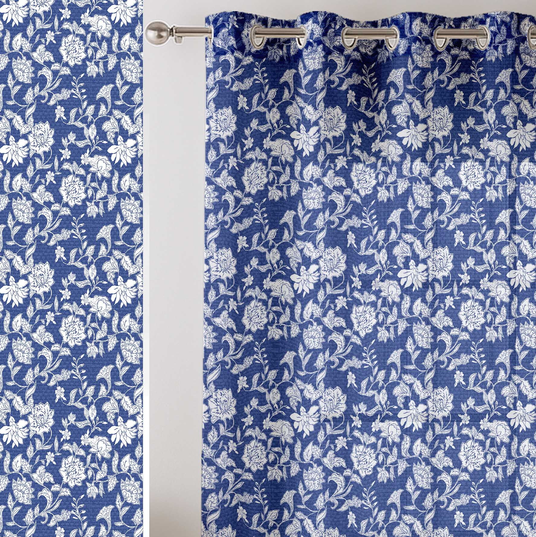 Vargottam Blue Floral Vines Print Sheer Curtains for Short Windows ...