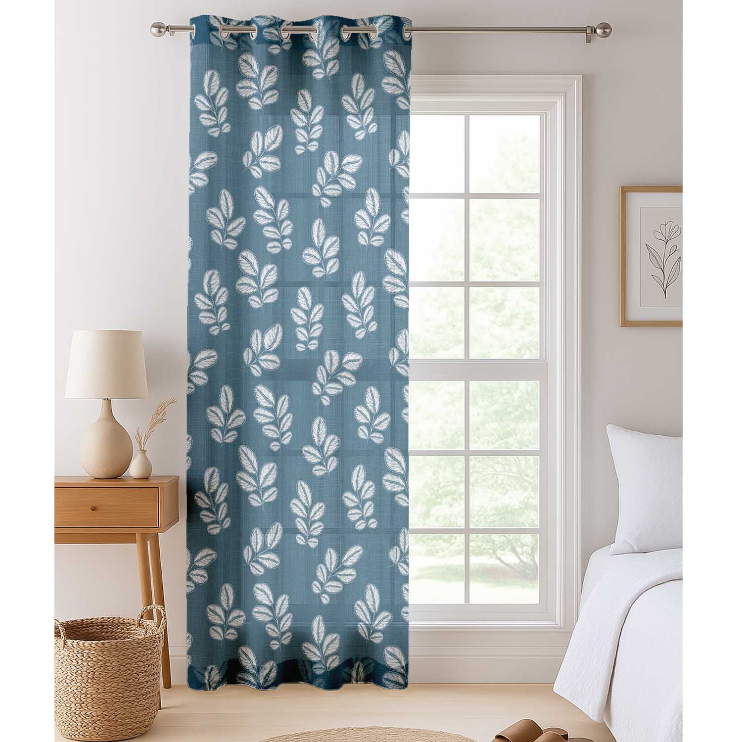 Vargottam Blue Foliage Pattern Sheer Georgette Curtains for Windows ...