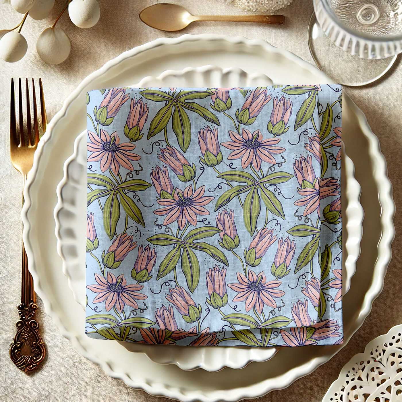 Vargottam Elegant Bloom & Vine Print on Blue Cotton Muslin Napkins ...
