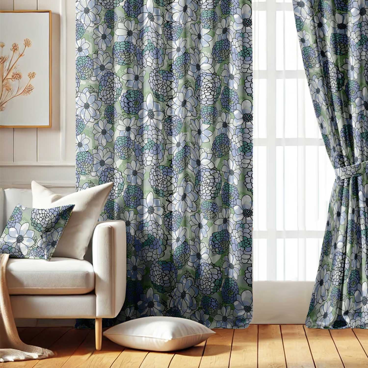 Vargottam Elegant Green Floral Cluster Pattern Curtains - Set of 2 ...