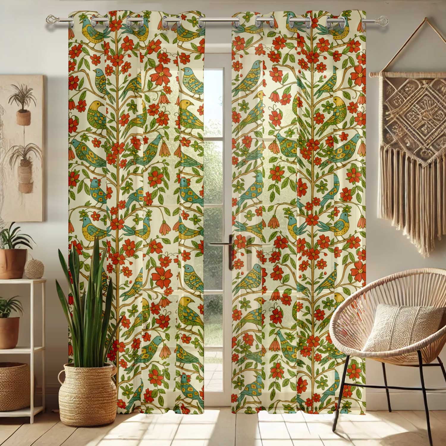 Vargottam Floral And Bird Print Sheer Georgette Curtains for Windows ...