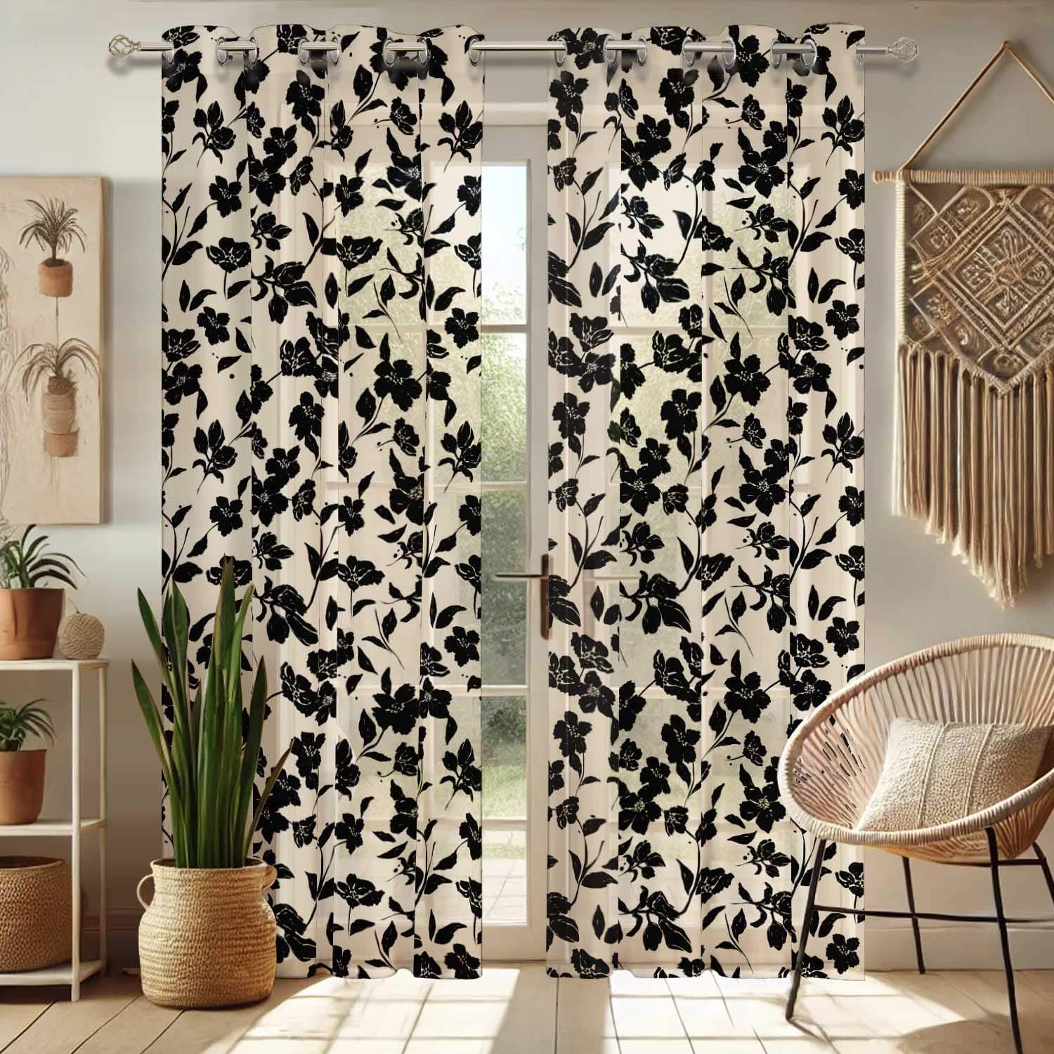 Vargottam Floral Pattern Sheer Curtains for Window & Door - 2 Panel Set ...