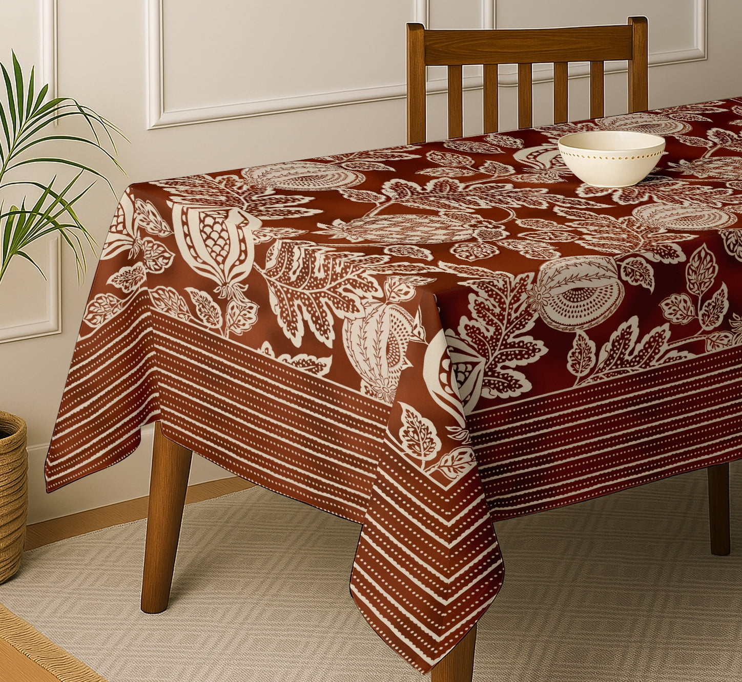 Vargottam Leaves Theme Tablecloth - Brown 90x60 Inch Cotton Dining ...