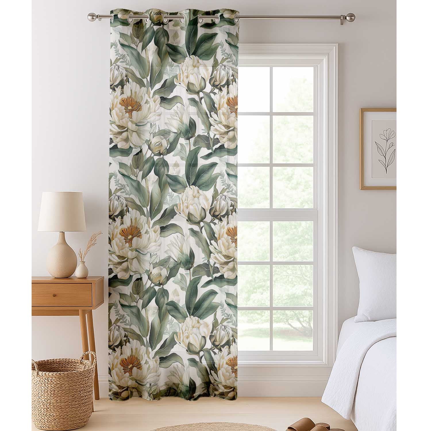 Vargottam Peony Botanical Print Sheer Georgette Curtains for Windows ...