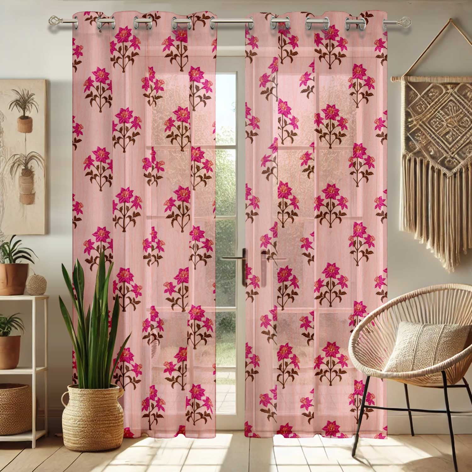 Vargottam Pink Floral Block Print Sheer Georgette Curtains for Windows ...