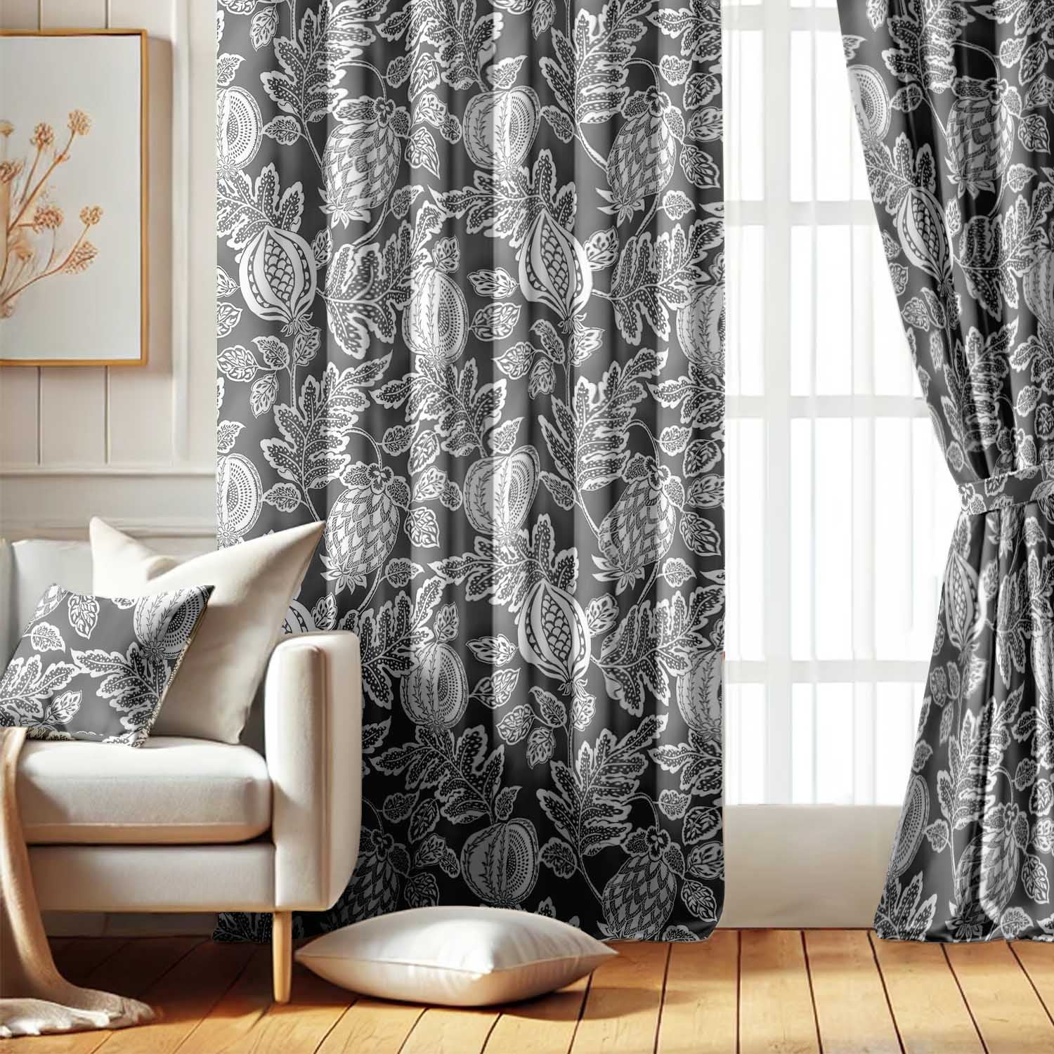 Vargottam Printed Blackout Curtains - Gray Botanical Design, Set of 2 ...