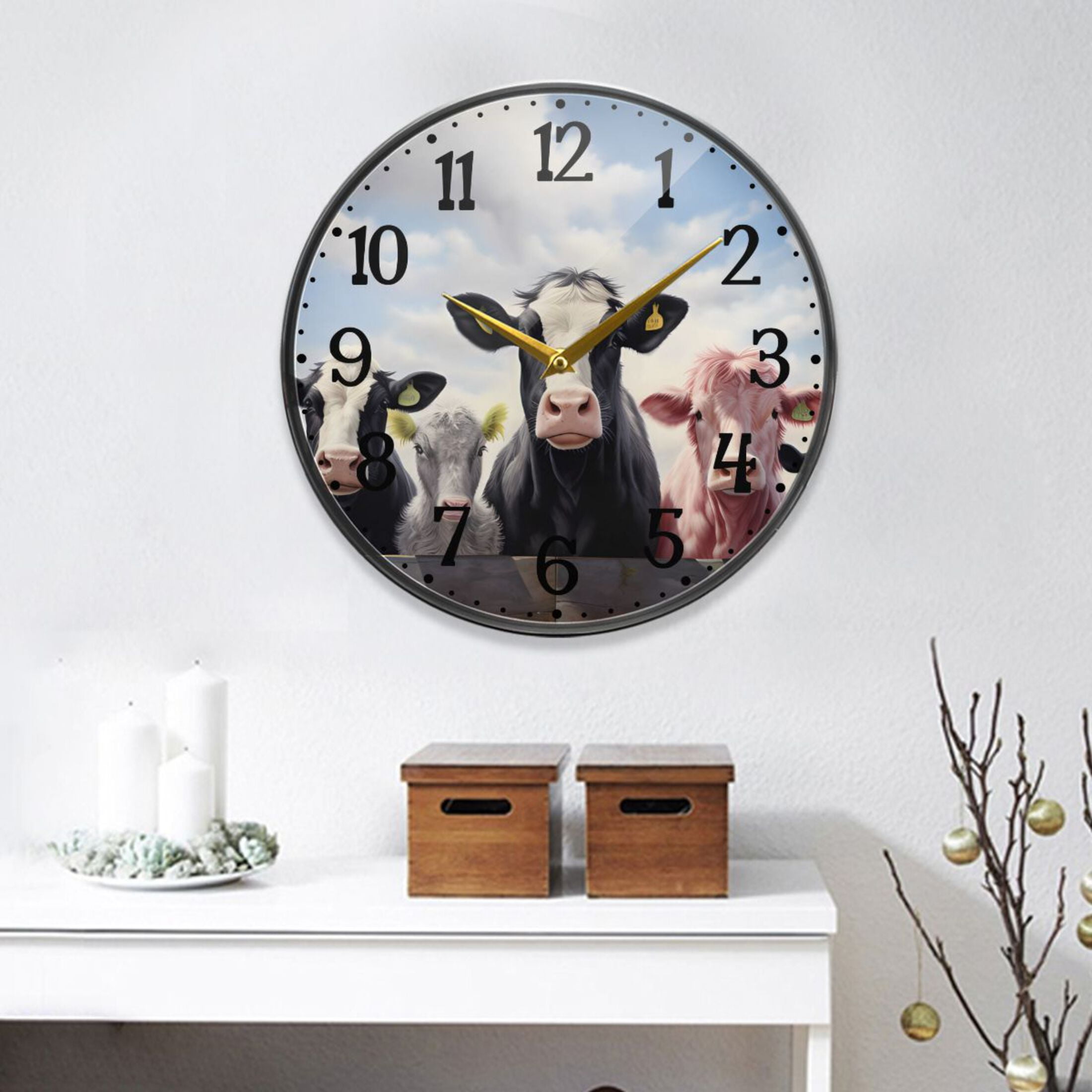 Various Color Cows Round Wall Clock 12 Inch Non-Ticking Silent Battery ...