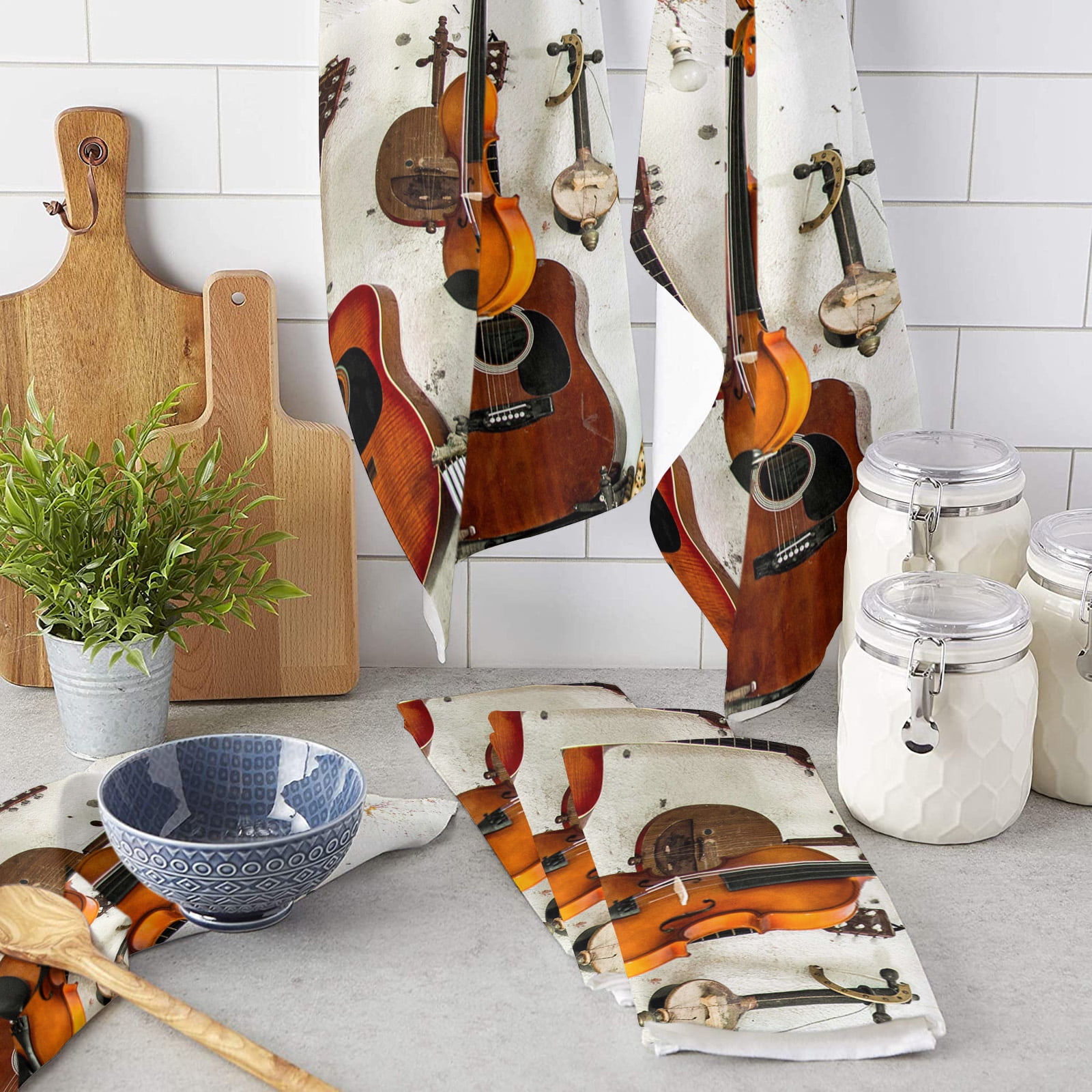Various Musical Instruments On The Wall Printed Tea Hand Towel Kitchen ...