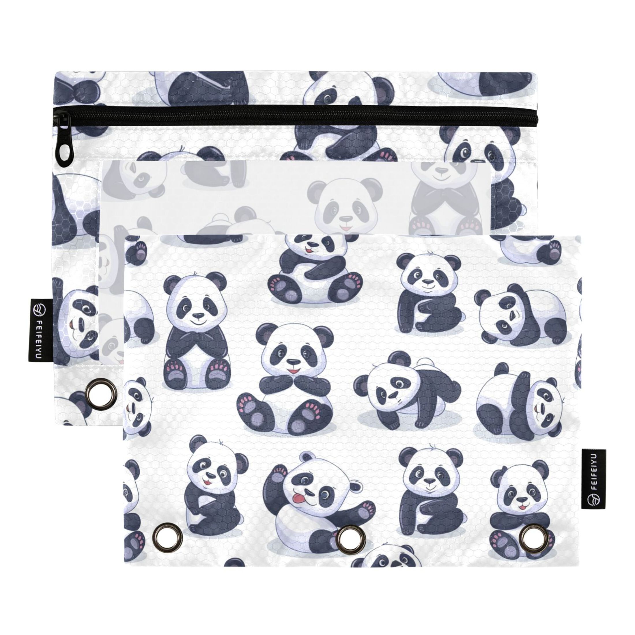 Various Pose Pandas 2 Pack Pencil Pouch for 3 Ring Binder Smooth Zipper ...