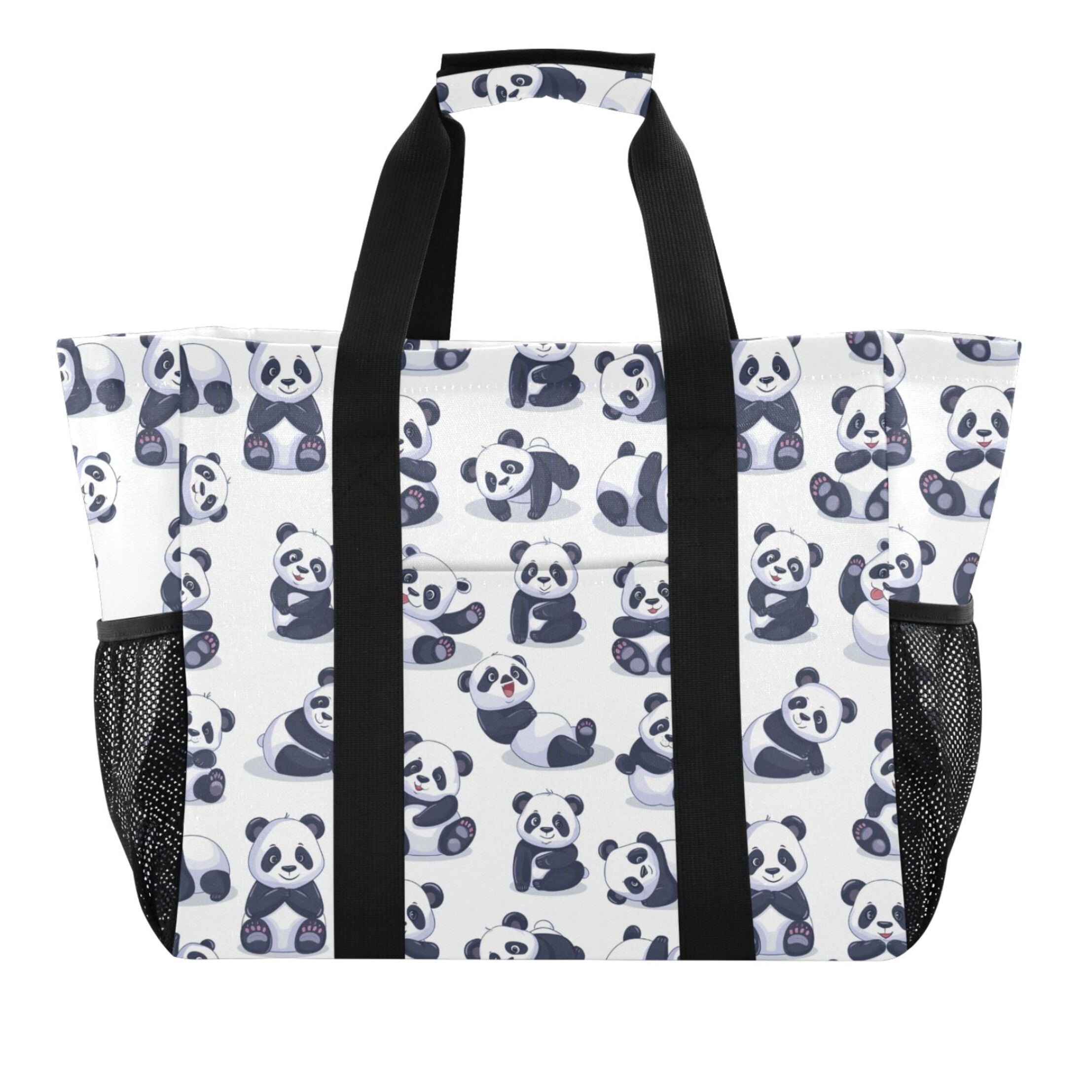 Various Pose Pandas Reusable Grocery Bags with Handle Side Pocket ...