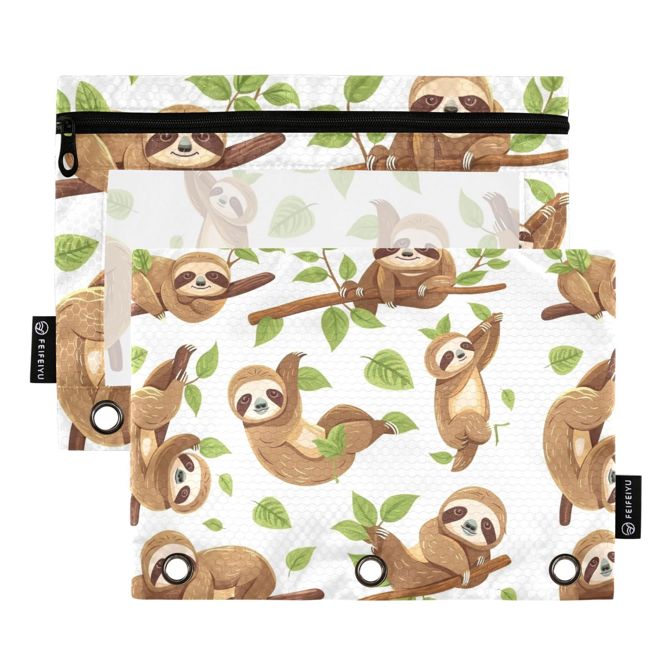 Various Pose Sloths 2 Pack Pencil Pouch for 3 Ring Binder Smooth Zipper ...