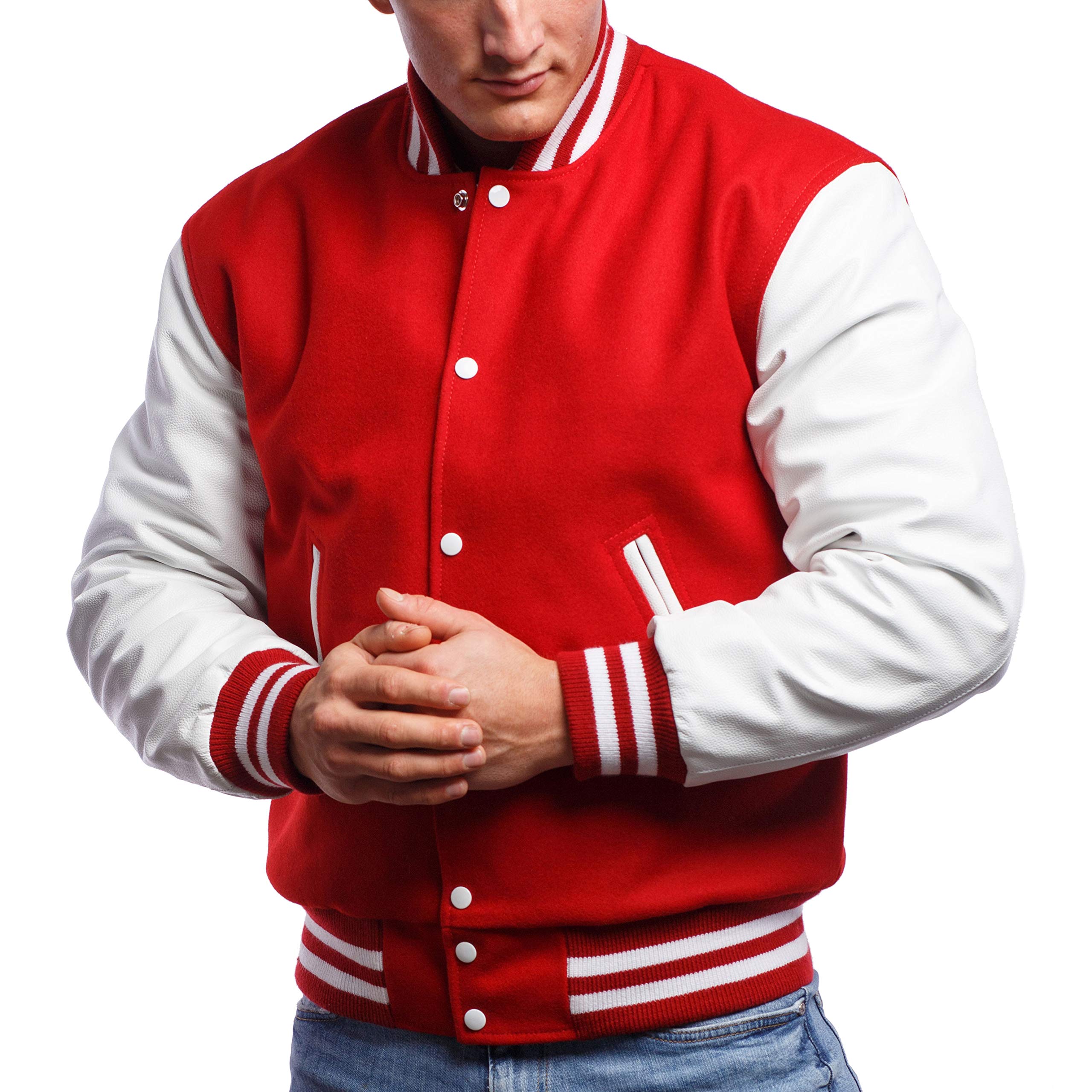 Varsity Base Letterman Jacket (Scarlet Wool, White Leather, Large ...