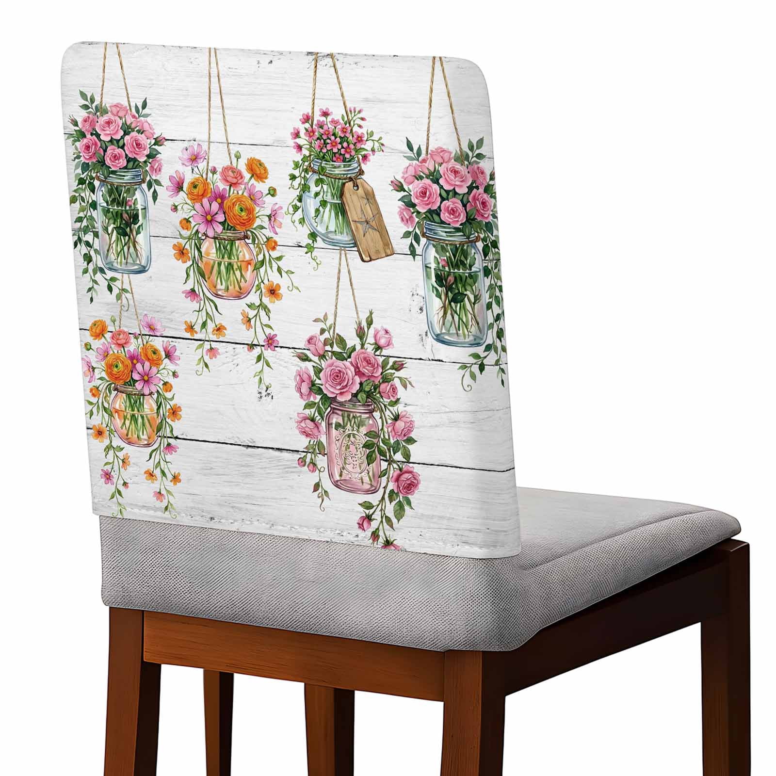 Vase Flowers Chair Covers Set of 4 Spring Pink Orange Floral White Wood ...