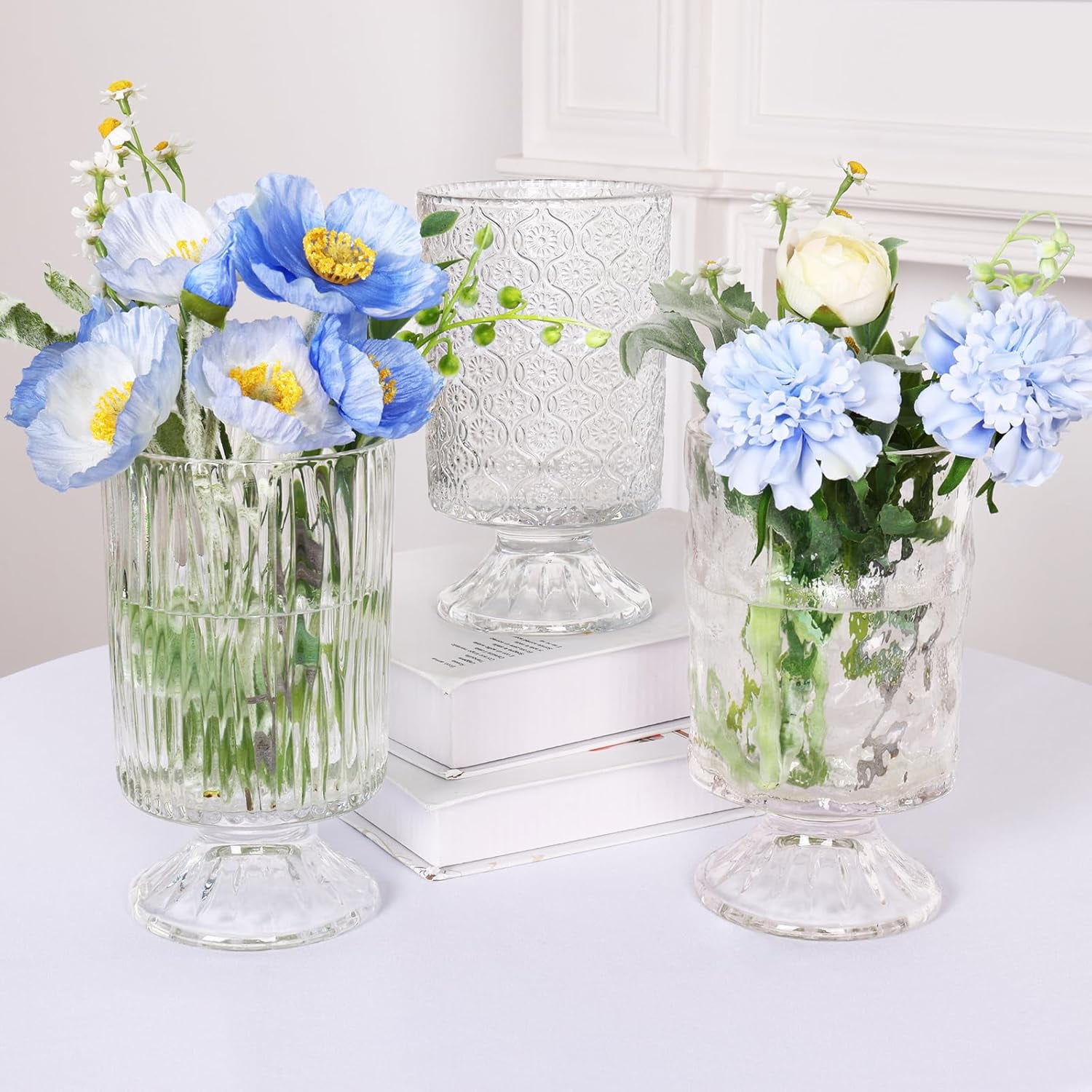 Vase Set 3 Pieces Vintage Glass Vase for Centerpieces, Embossed Base ...