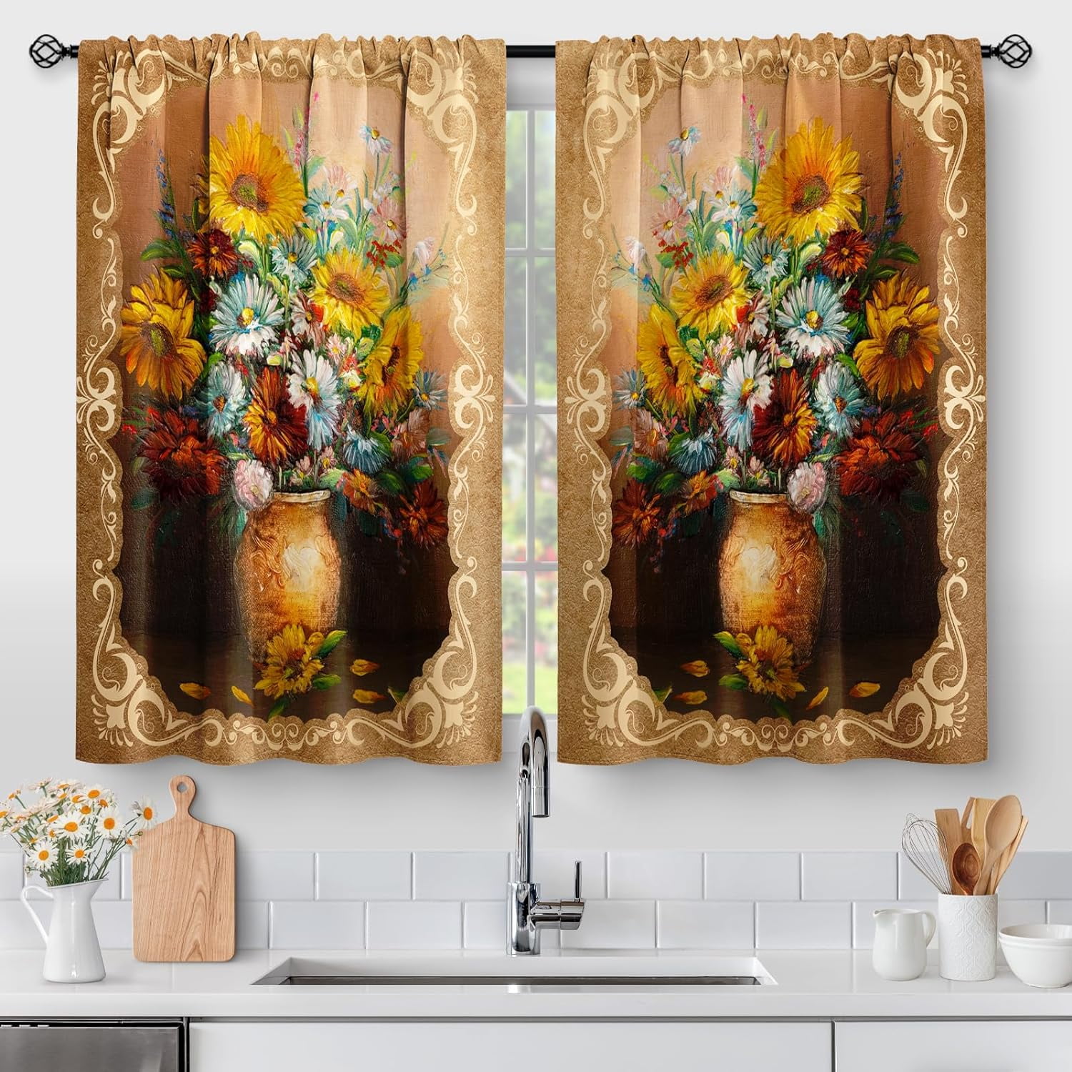 Vase Sunflower Retro Kitchen Curtains - Vintage Floral Art Rustic ...