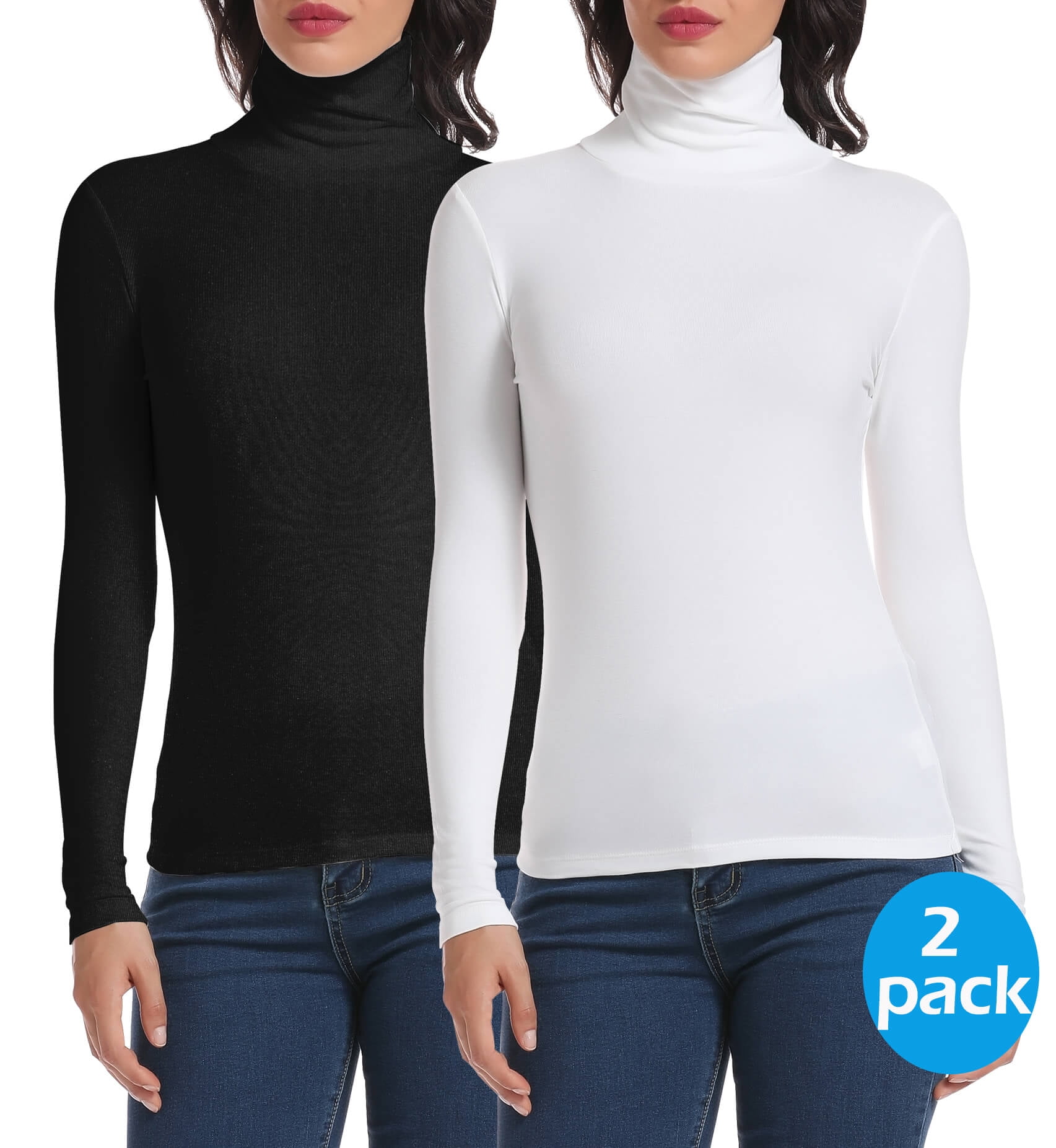 Vaslanda 2 Packs Women's Slim Fitted Mock Turtleneck Tops Long Sleeve ...