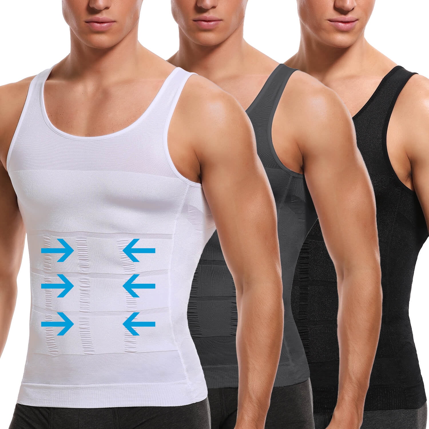 Vaslanda 3 Packs Men Slimming Body Shaper Vest Compression Shirt Gym ...
