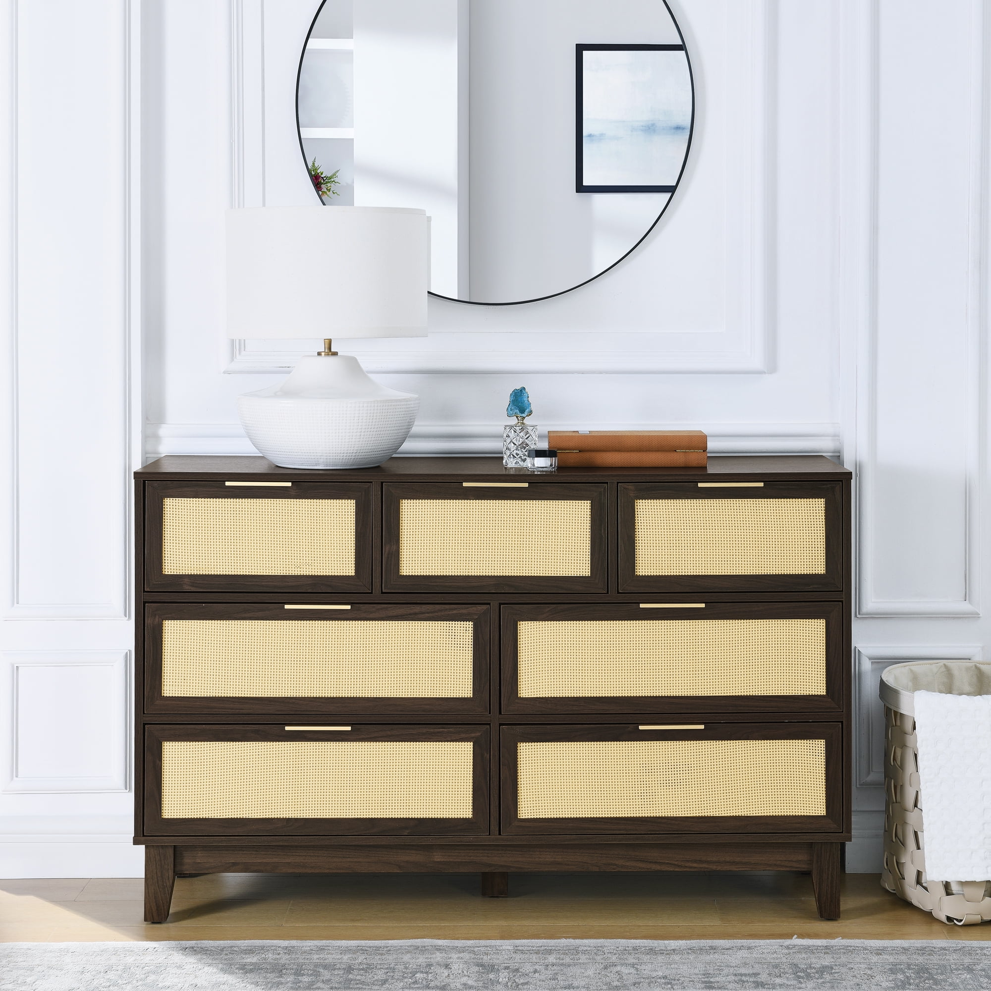 Vastcury Modern Wooden Dresser with 7 Rattan Drawers for Bedroom, Chest ...