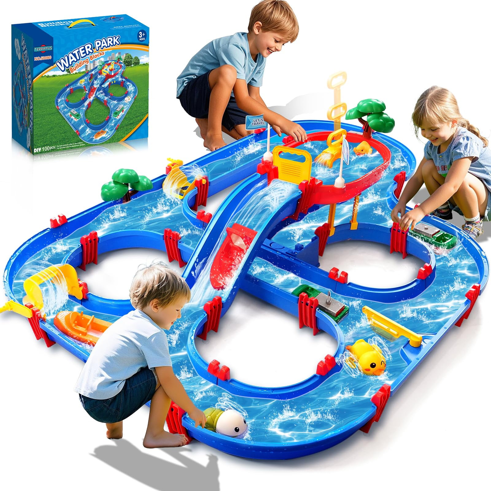 Vatos 100-Piece DIY Toddler Water Park Playset, 2-Tier Water Table for ...