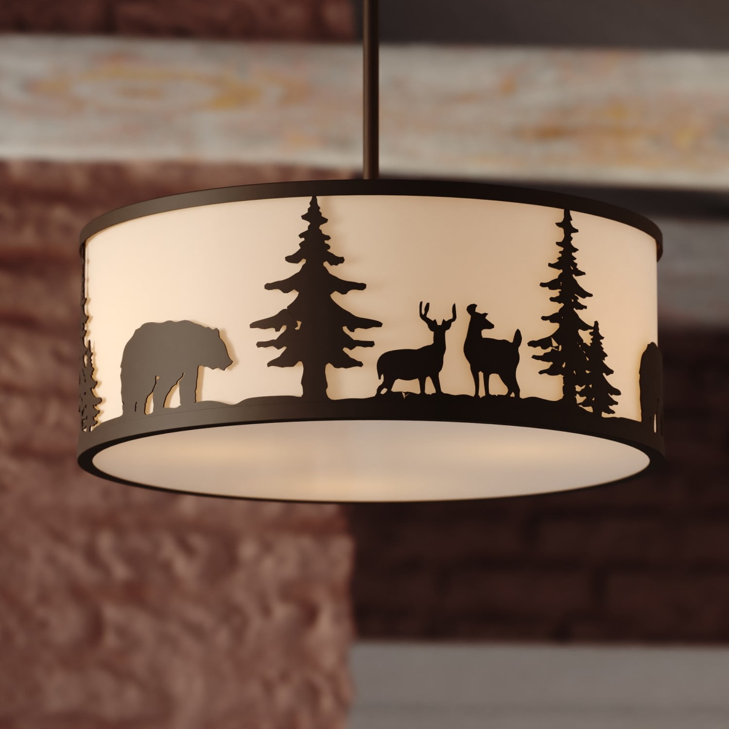 Acadia 3L Bronze Rustic Pendant Light White Linen Bear Deer Tree - Walmart.com