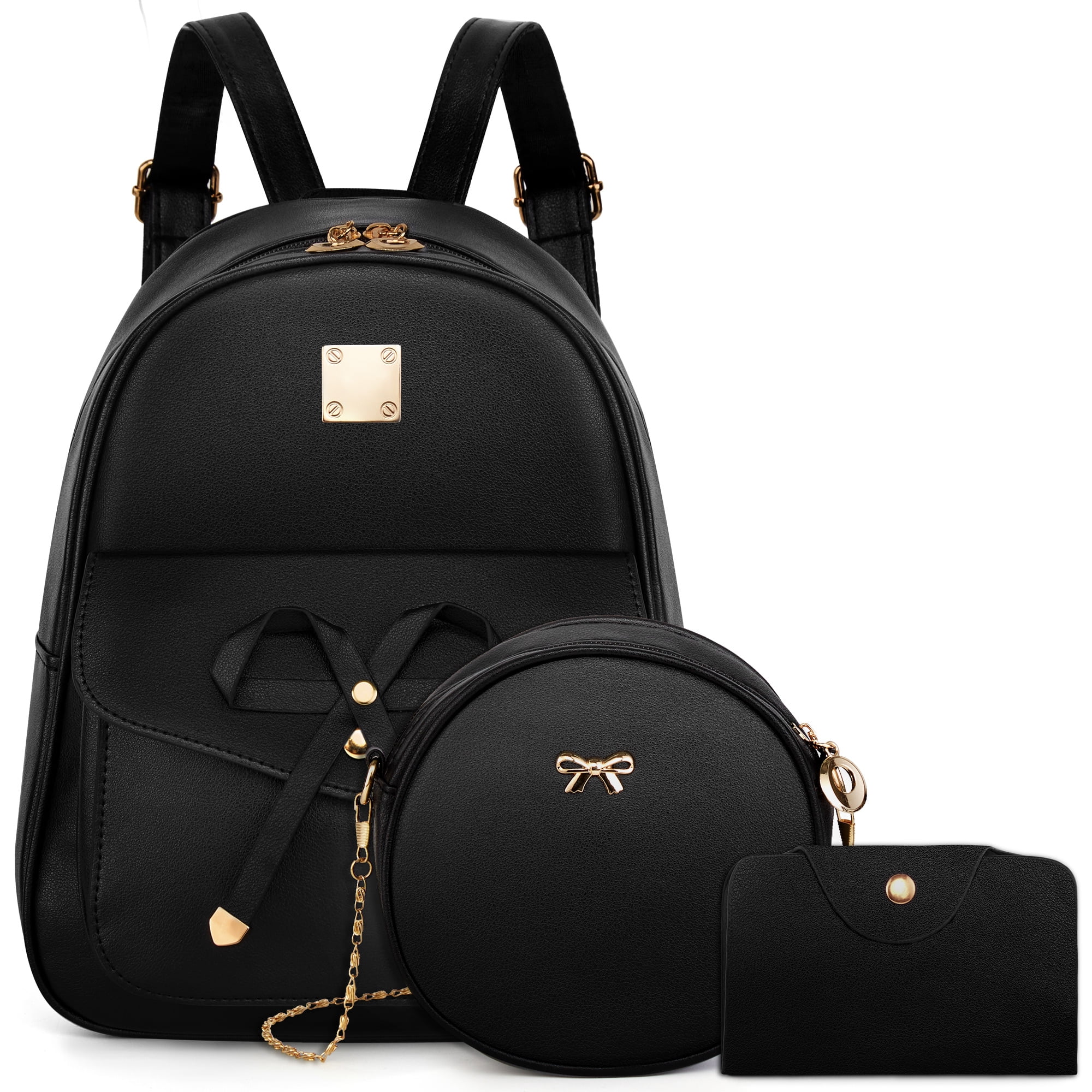 Vbiger Black Mini Backpack Set, PU Leather Bowknot Design, 3-Piece ...