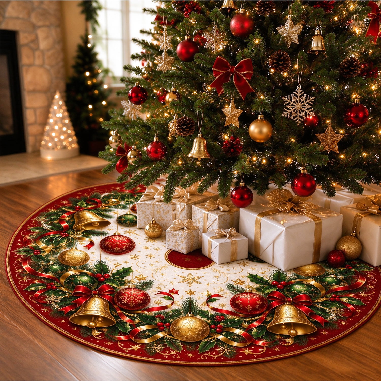 Vbyidbby Cream Christmas Tree Skirt, Bauble and Bell Print Christmas ...