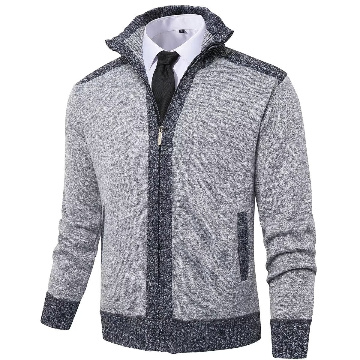 Vcansion Mens Cardigan Zip Up Stand Collar Knitted Sweater Light Grey L ...