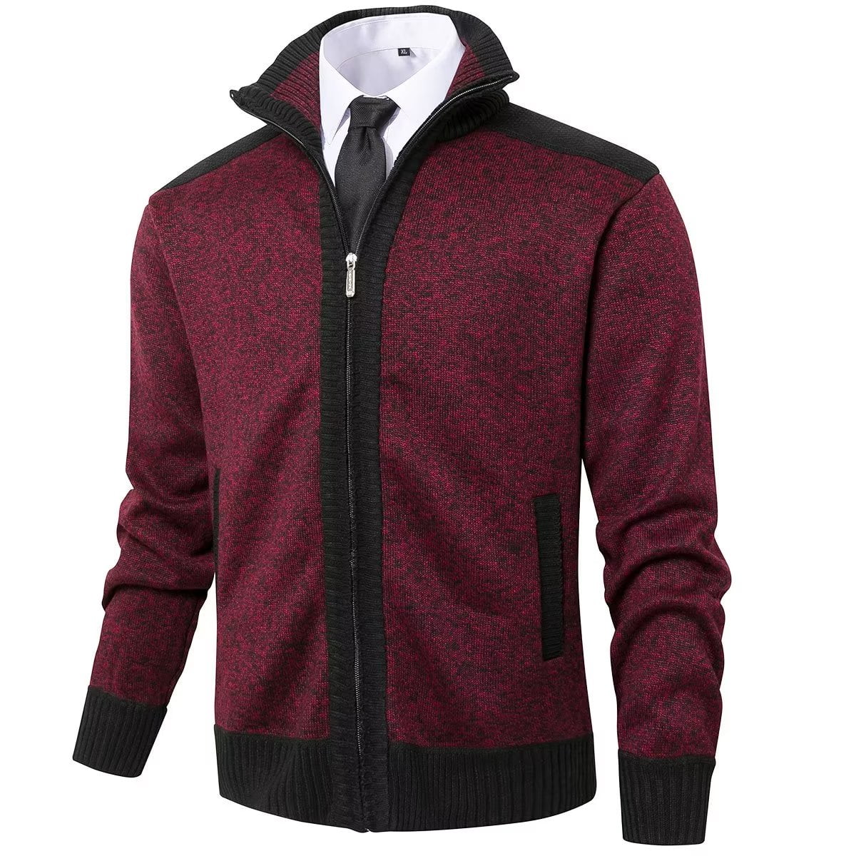 Vcansion Mens Casual Knit Full-Zipper Sweater with 2 Pockets Wine Red ...