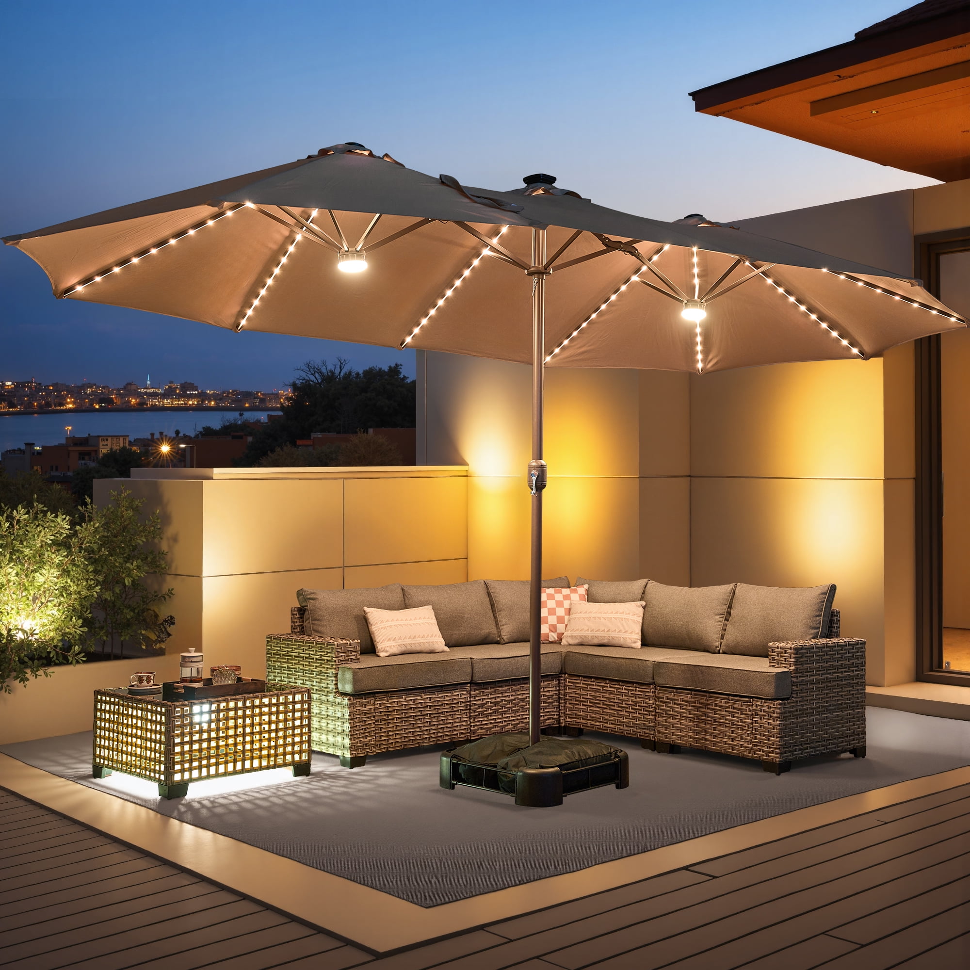 Vcatnet 15ft Large Patio Umbrella with Base and Solar LED Lights ...