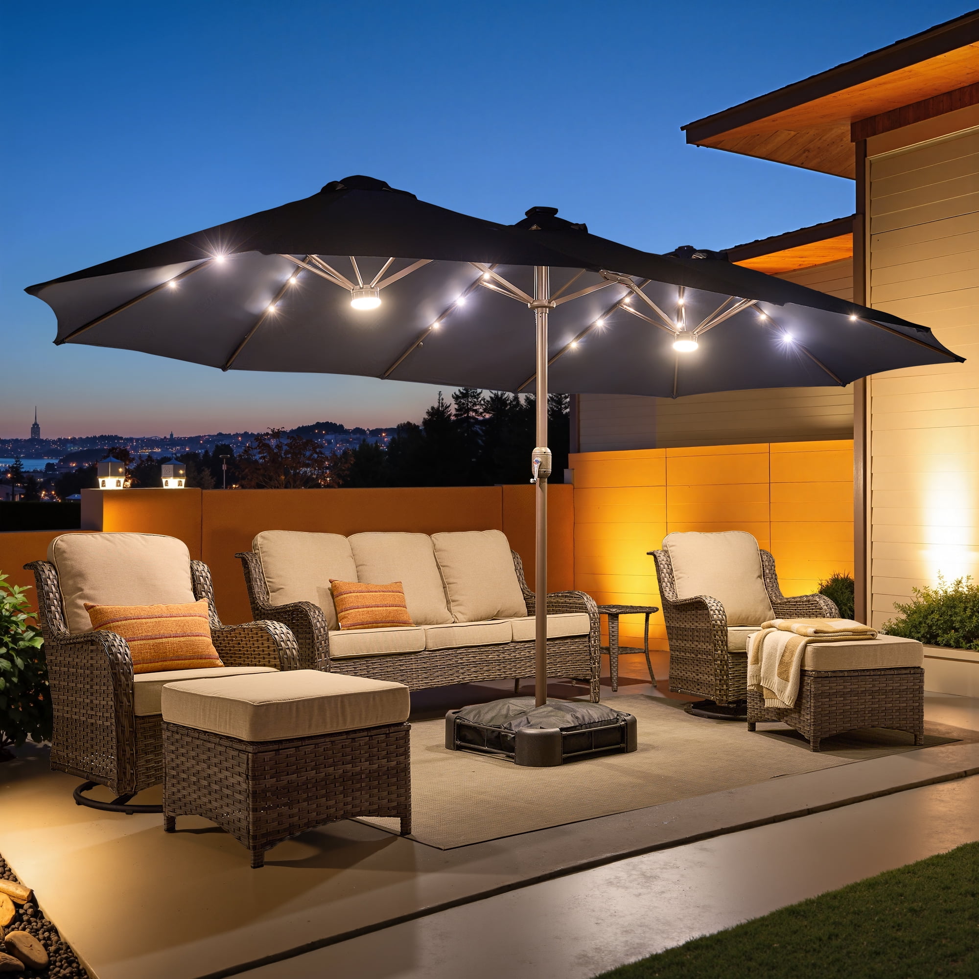 Vcatnet 15ft Large Patio Umbrella with Solar Lights Outdoor Double ...