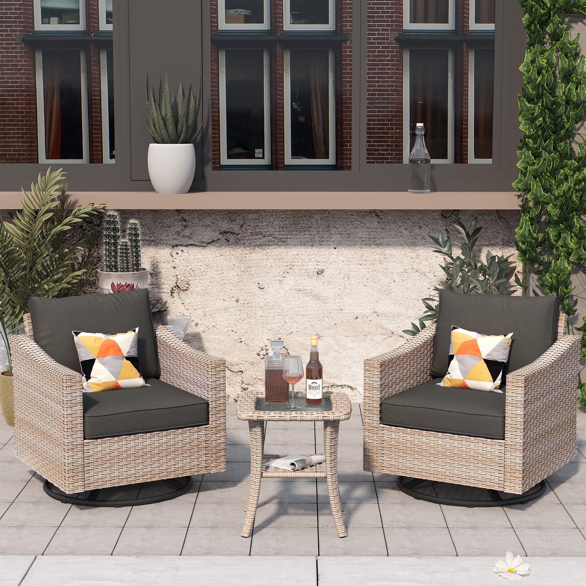 Vcatnet 3 Pieces Patio Wicker Swivel Chairs Rotating Conversation ...